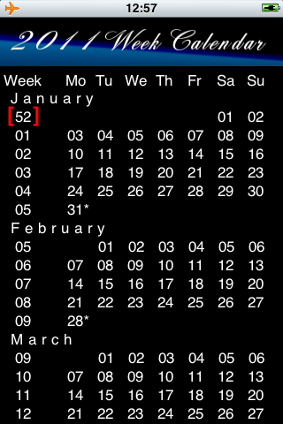2011 Week Calendar