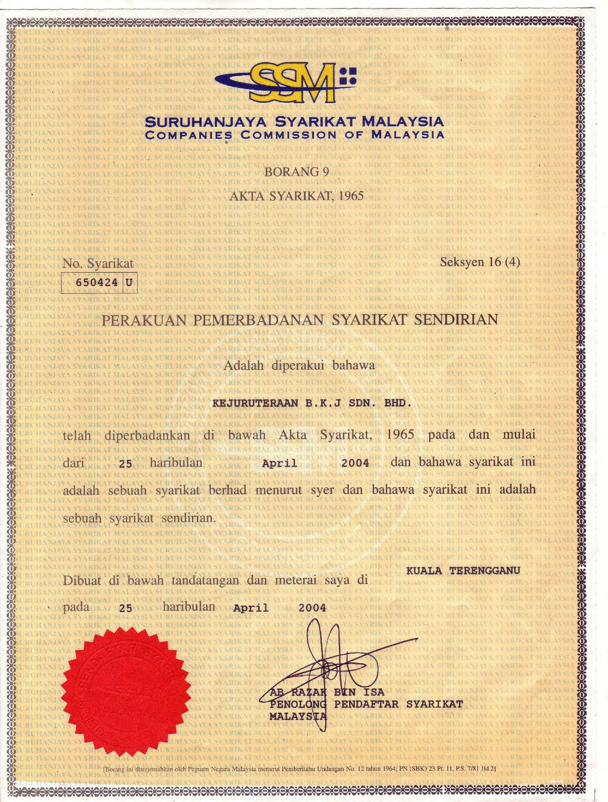 KEJURUTERAAN BKJ SDN BHD: CERTIFICATE OF REGISTRATION