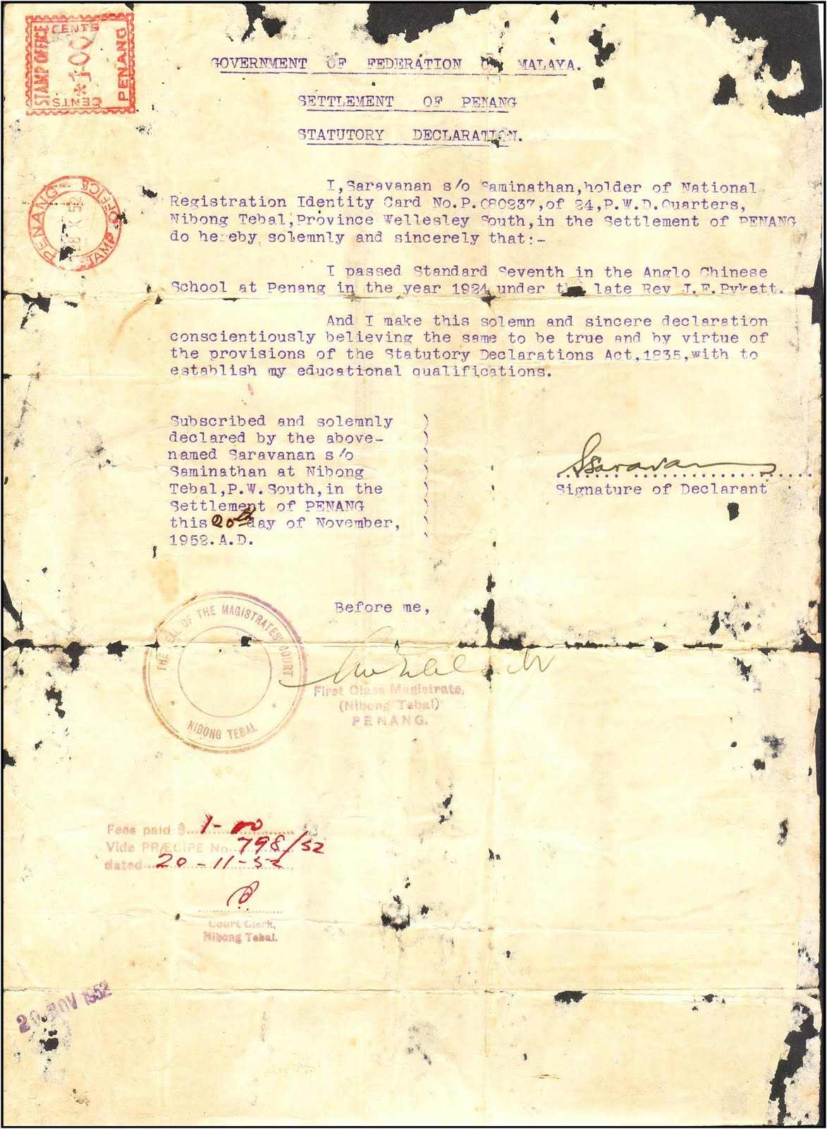 A Step Back To The Golden Days: Old Documents - 1952 Statutory Declaration