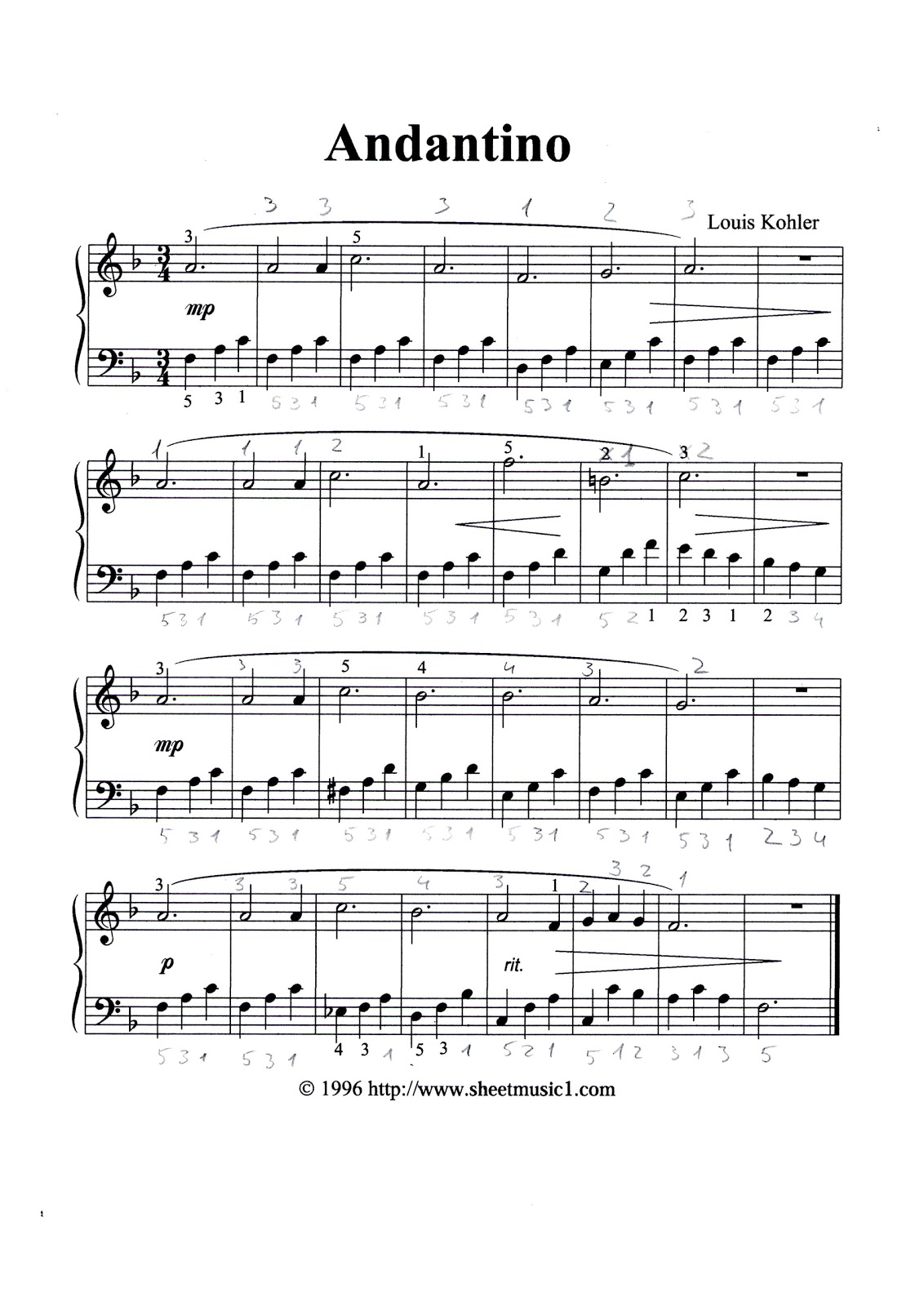 Partituras digitadas para piano: Andantino - Louis Kohler (1820-1886)