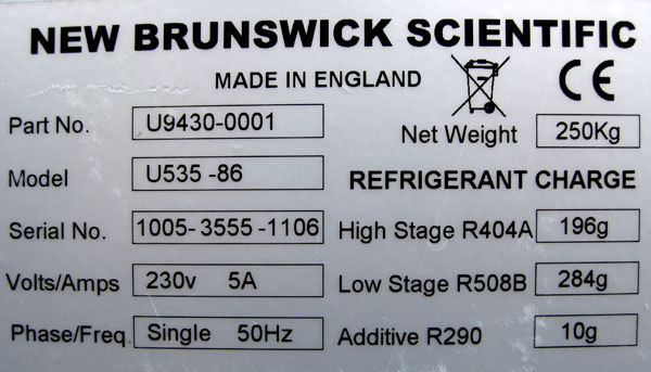 2nd MACHINE: Ultra-low temperature laboratory freezer - 86C, New Brunswick Scientific, Innova U535