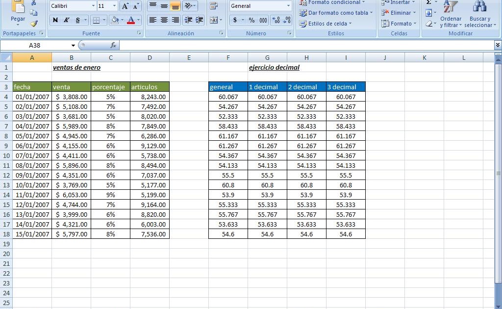 informatica: Tabla de excel formato de números