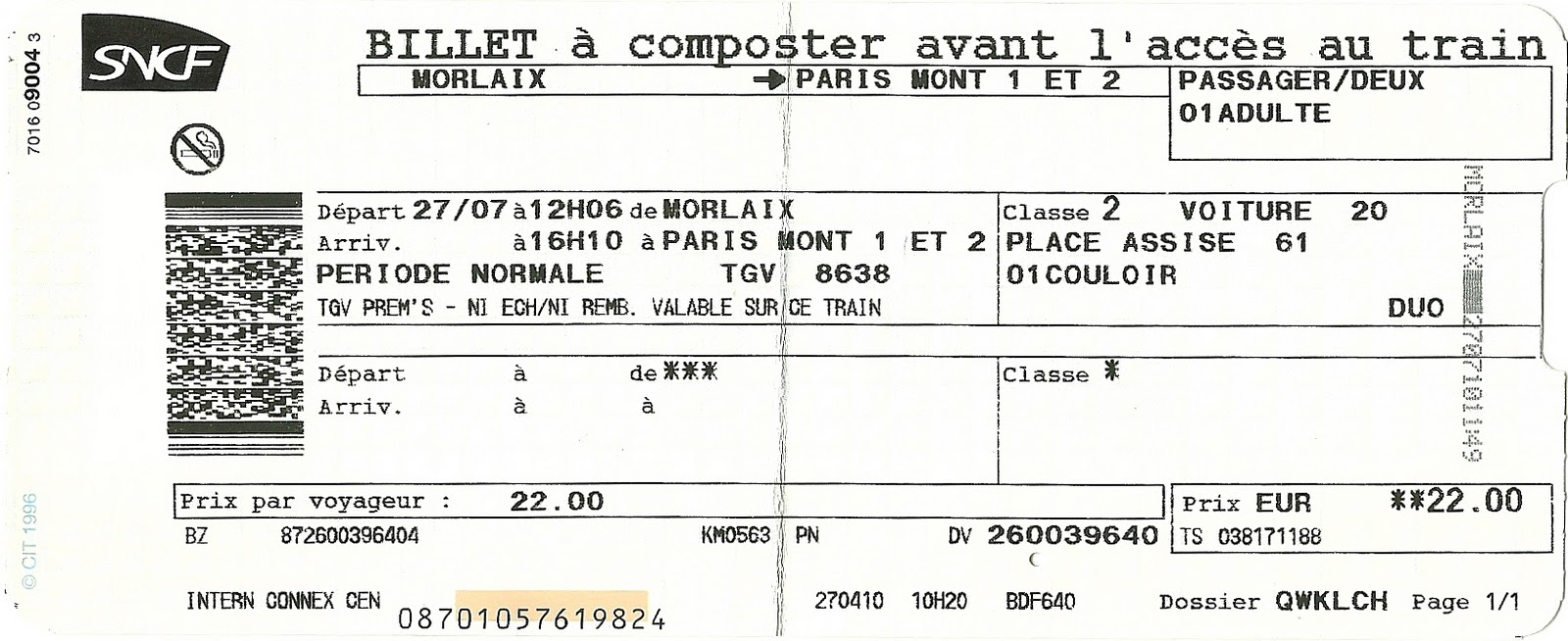 The traveler's drawer: SNCF. Billet pour TGV de Morlaix à Paris ...