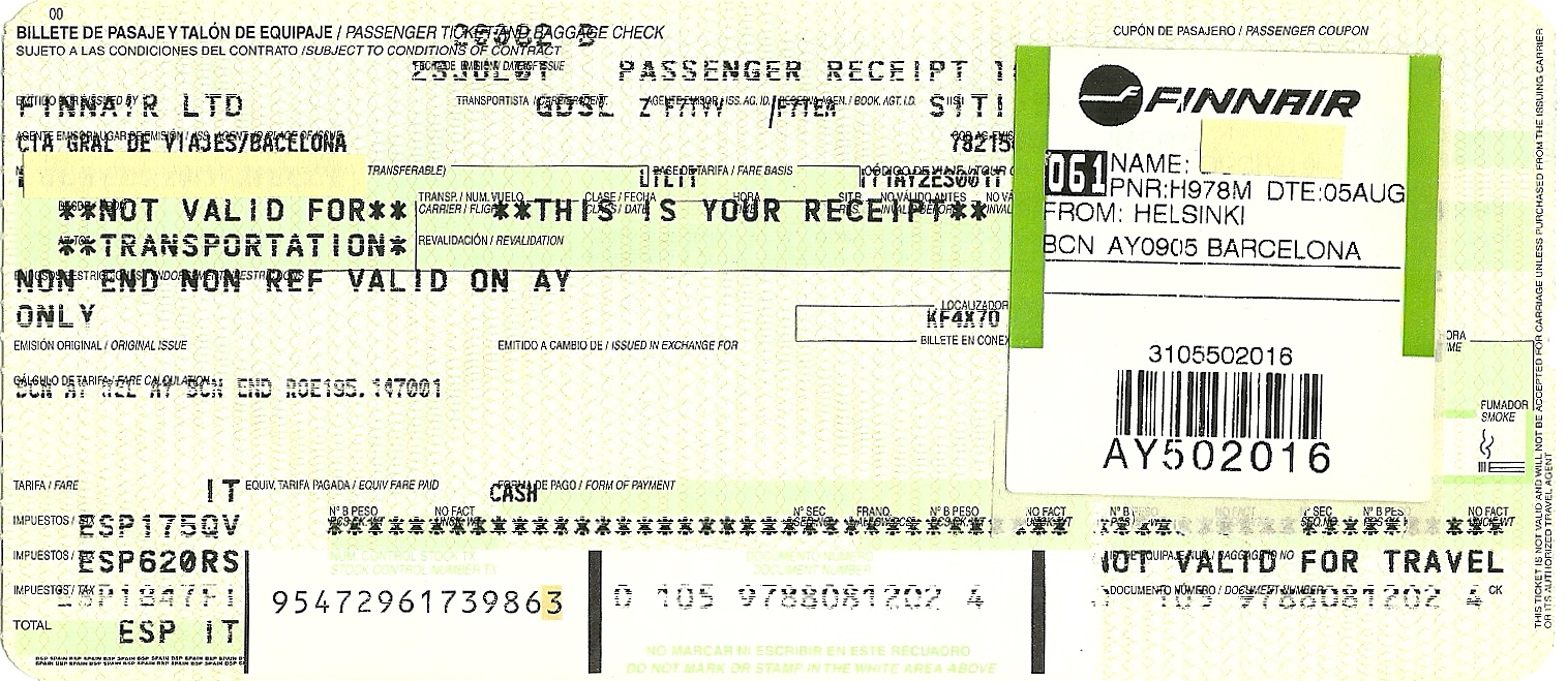 The traveler's drawer: FINNAIR. Passenger receipt for flight AY0905 ...