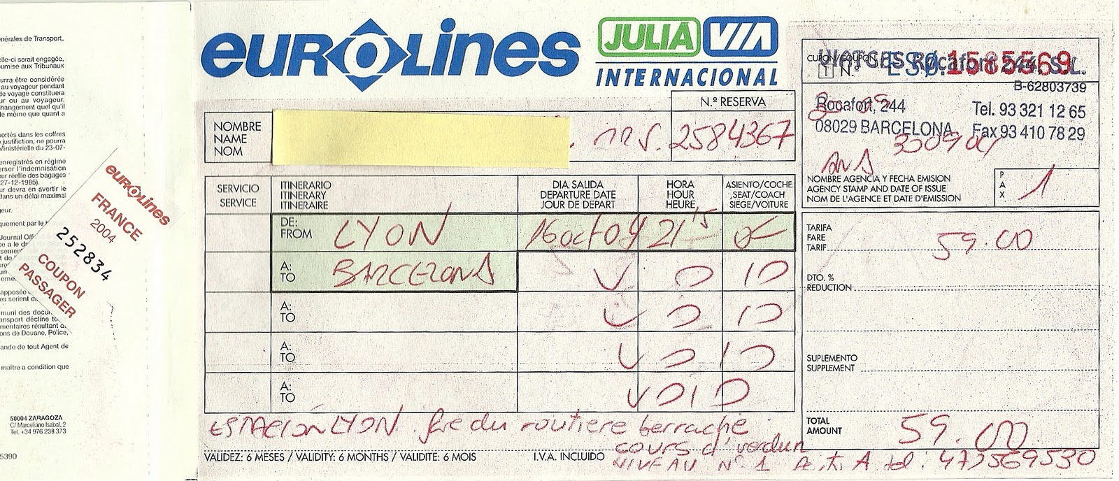 The traveler's drawer: EUROLINES. Bus ticket from Lyon to Barcelona, 16 ...
