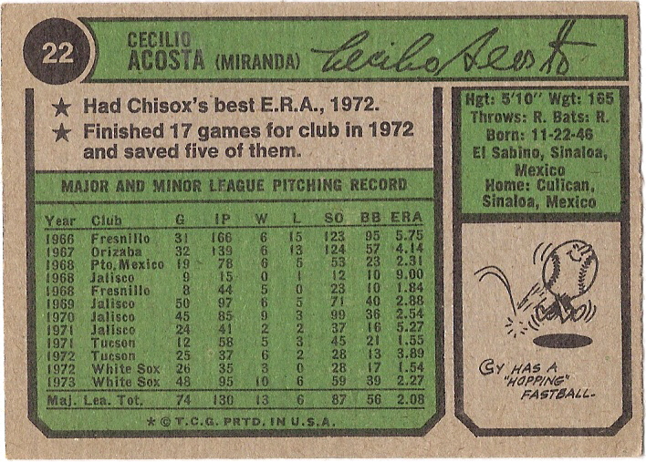 1974 Topps Set: #22 - Cy Acosta (CWS)