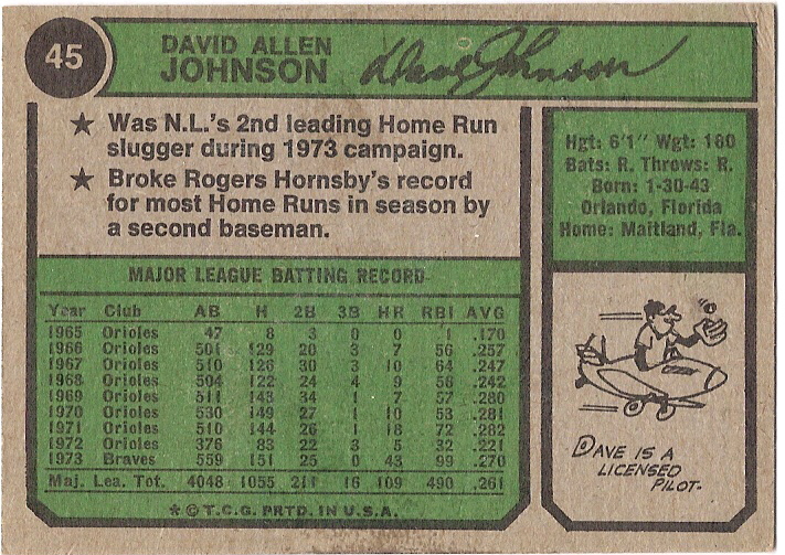 1974 Topps Set: #45 - Dave Johnson (ATL)