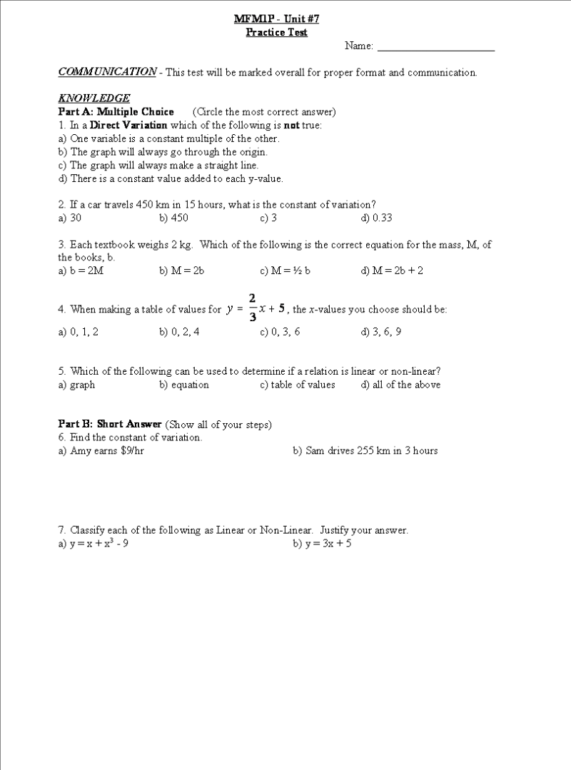 Grade 9 Applied Math: Practice Test