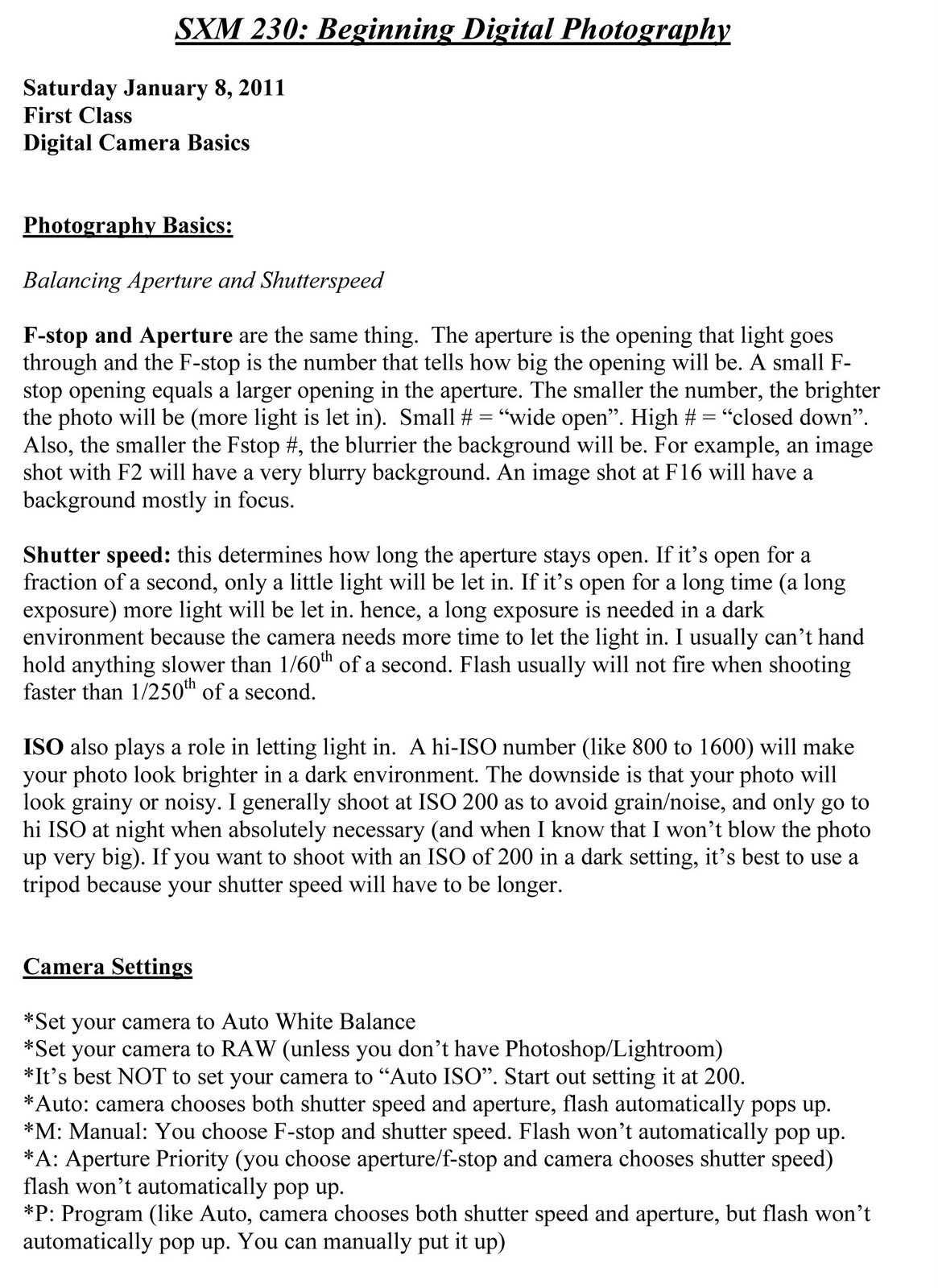 Beginning Digital Photography: Handouts for Class #1