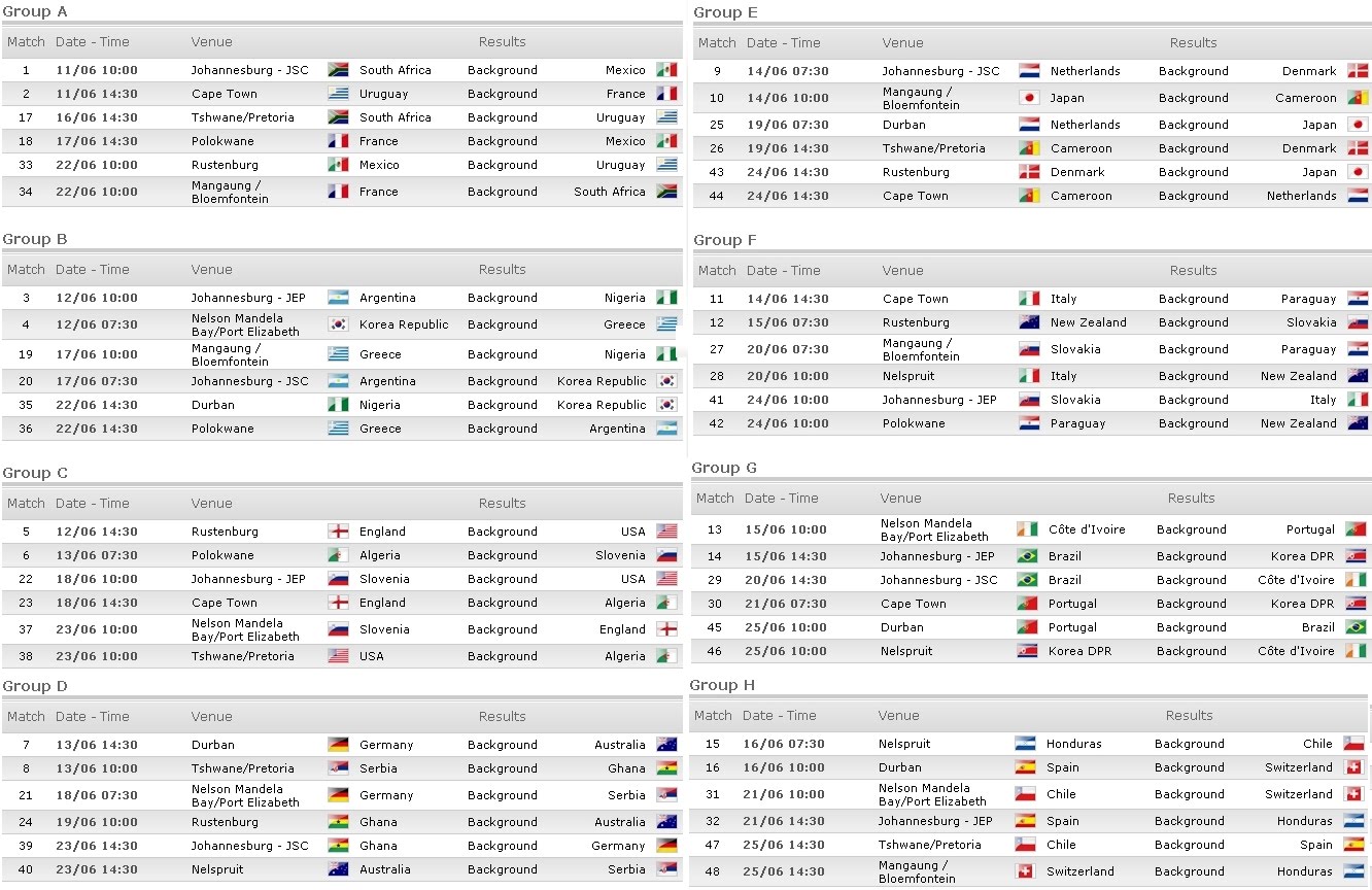 U10/U11 2010R: FIFA WC 2010 Match Schedule
