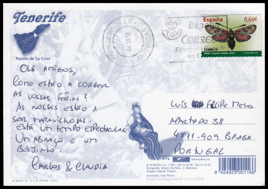 Sent Received SPAIN Postcard From Tenerife Spain To Braga Portugal sent-received-spain-postcard-from-tenerife-spain-to-braga-portugal