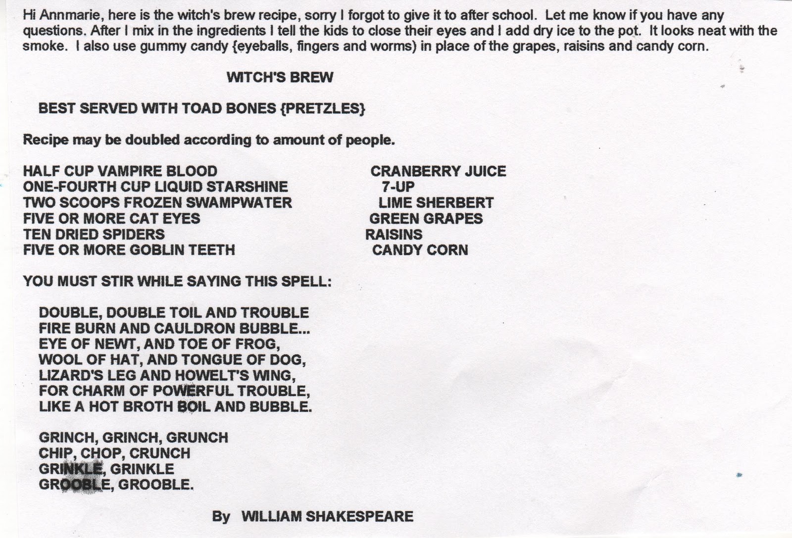 ELEMENTARY SCHOOL ENRICHMENT ACTIVITIES: WITCHES' BREW OVERHEAD ACTIVITY