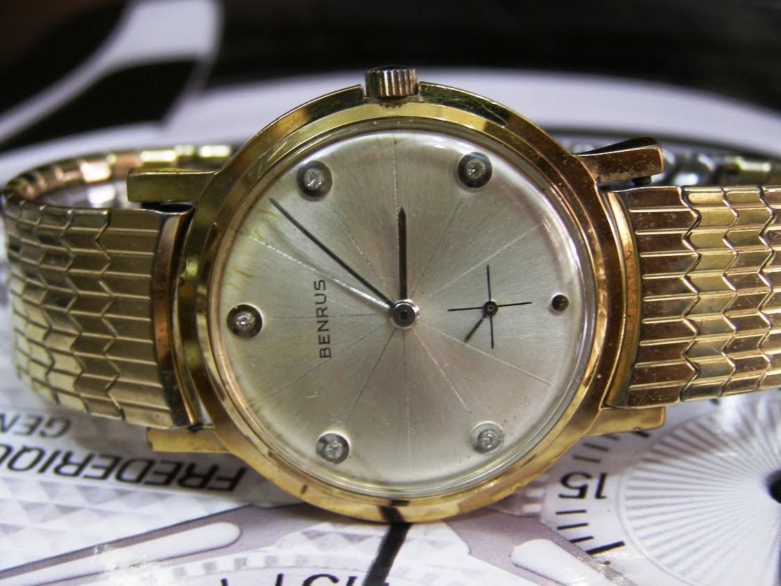 resting place: AUTHENTIC VINTAGE 14K GOLD FILLED BENRUS DIAMONDS GENTS DRESS WATCH