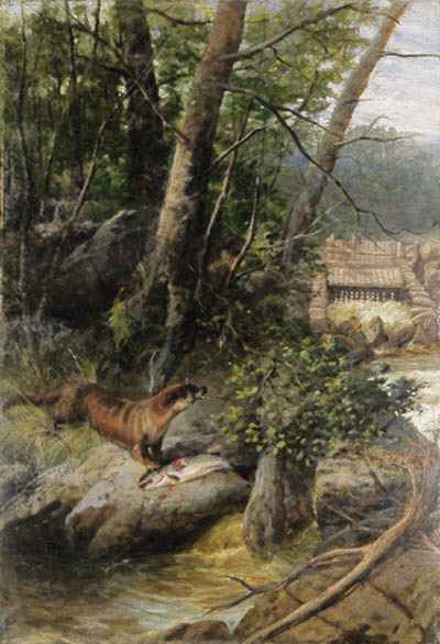 British Art: George Earl - An otter with a fish on a riverbank