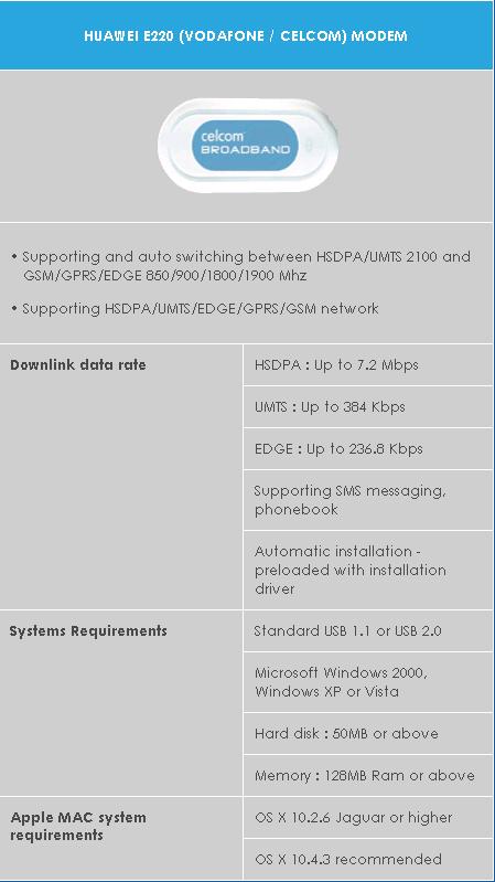 broadband life: celcom modem specification