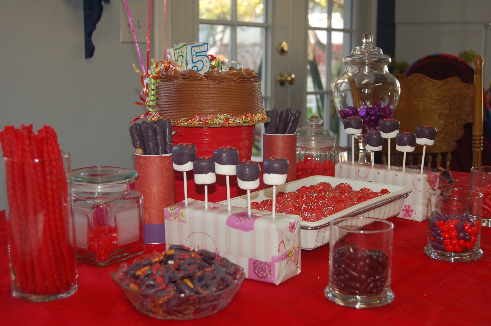 .: Red Hat party candy buffet