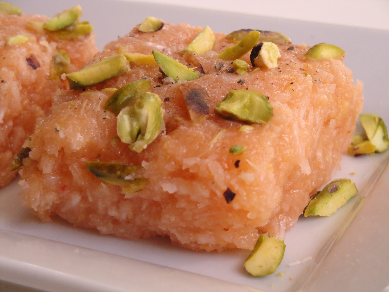 cumin and cardamom: Pistachio and Rose Coconut Burfi ( Nariyal ki Burfi )