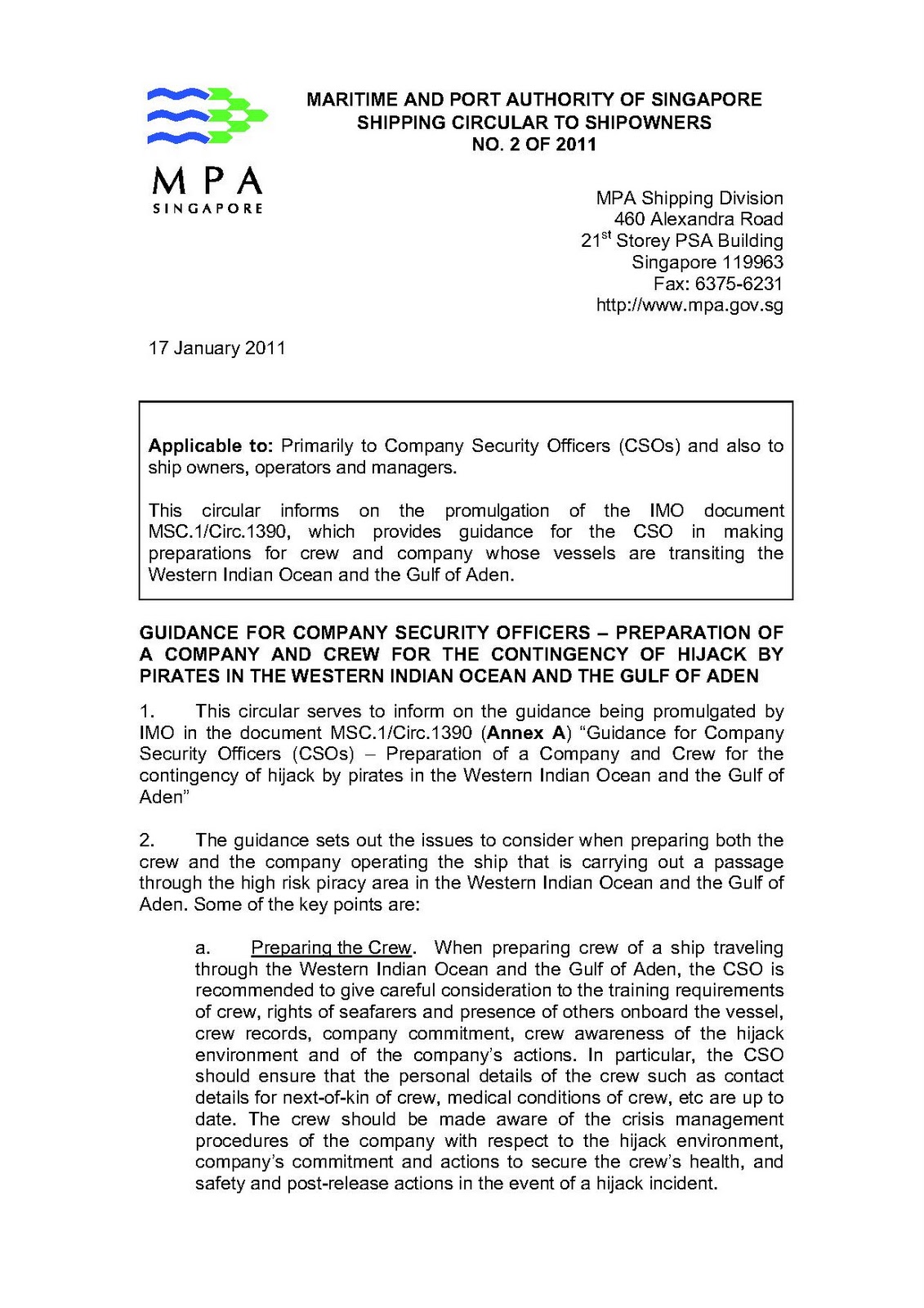 Marine Knowledge: MPA Singapore: Guidance for Company Security Officers