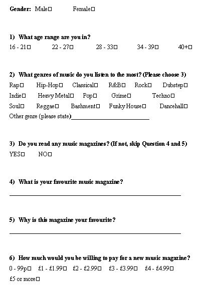 Noel's A-Level Media Blog: Music Magazine Questionnaire (Primary Research)
