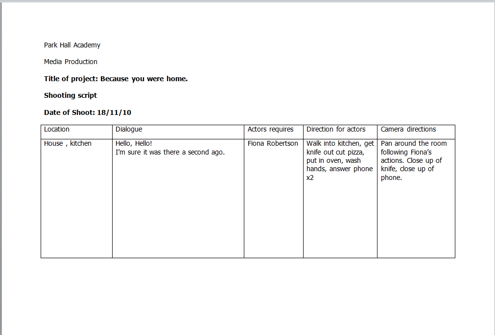 Sarah Lolley AS Media Coursework: Planning: Shooting Script