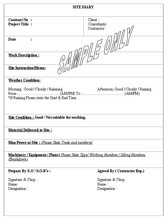 CONSTRUCTION MANAGER: SITE DIARY FOR CONSTRUCTION WORK