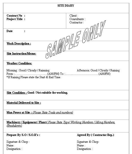 CONSTRUCTION MANAGER: SITE DIARY FOR CONSTRUCTION WORK
