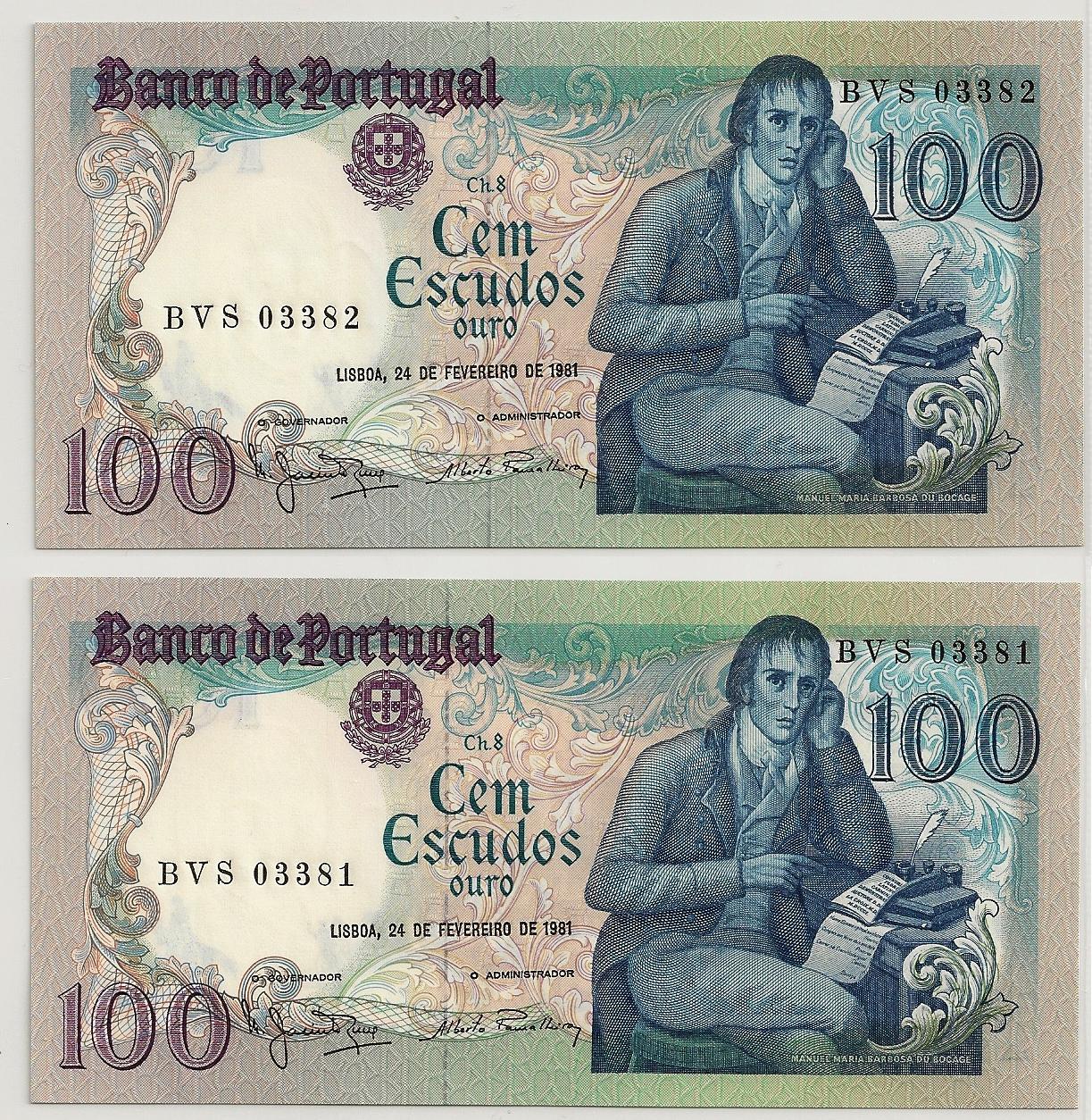 Notas da República Portuguesa: 100 Escudos / Bocage / Chapa 8 - Ouro