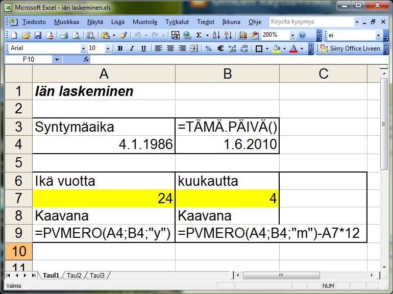 Officen käyttövinkit: Excel 2003: Iän laskeminen