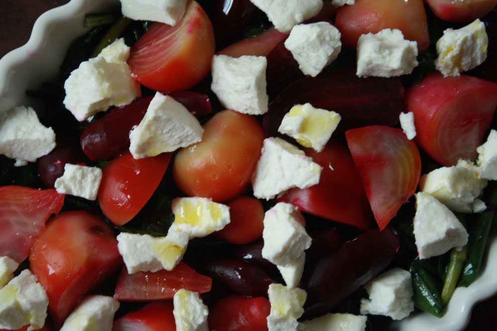 Power to the Bauer: Beets with Their Greens, Scapes, and Chèvre