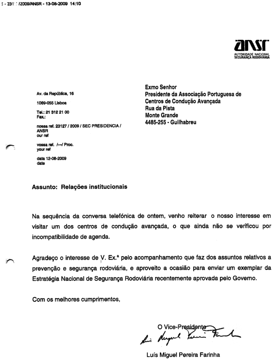 Sinistralidade Rodoviária: Carta da ANSR