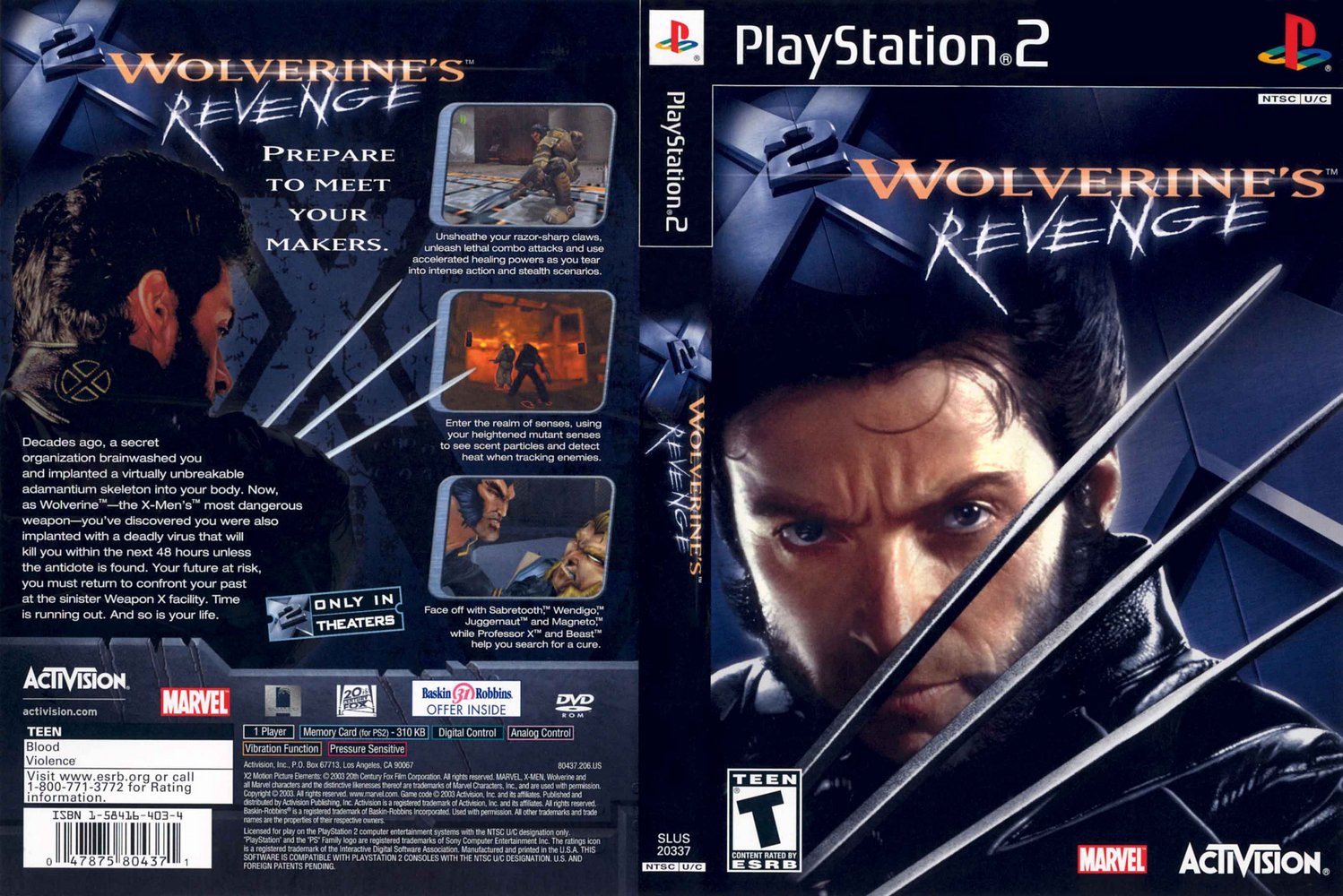 CAPAS PARA PLAYSTATION 2: X-Men 2 - Wolverines Revenge
