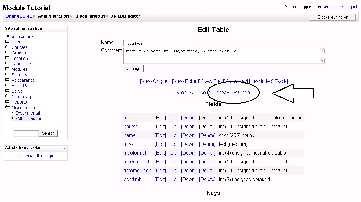 Oodles of Moodles: 08MOD: Moodle Module Development - Generate Upgrade snippet with XMLDB Editor