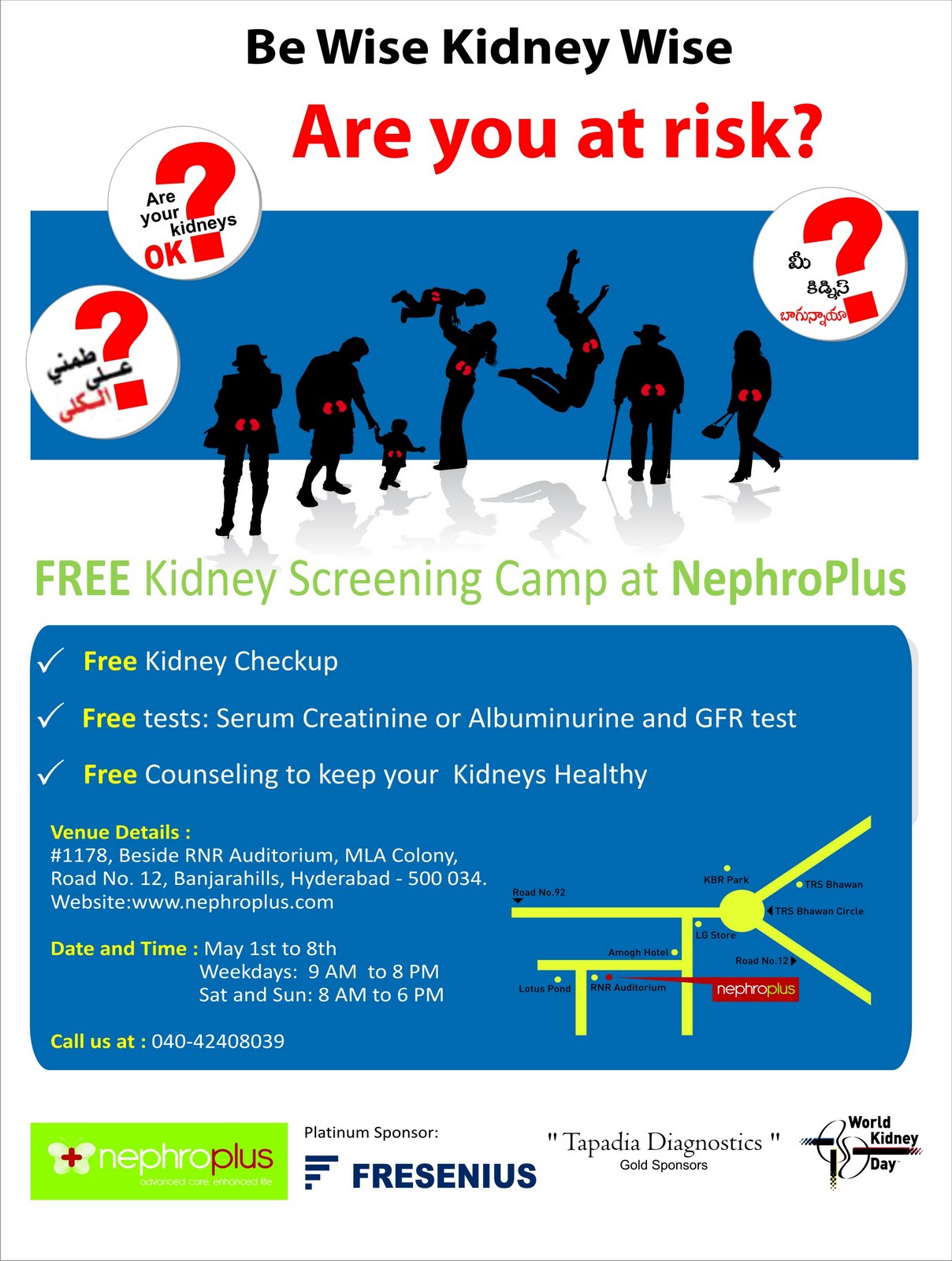 Kidney check up camp at Nephroplus, Hyderabad