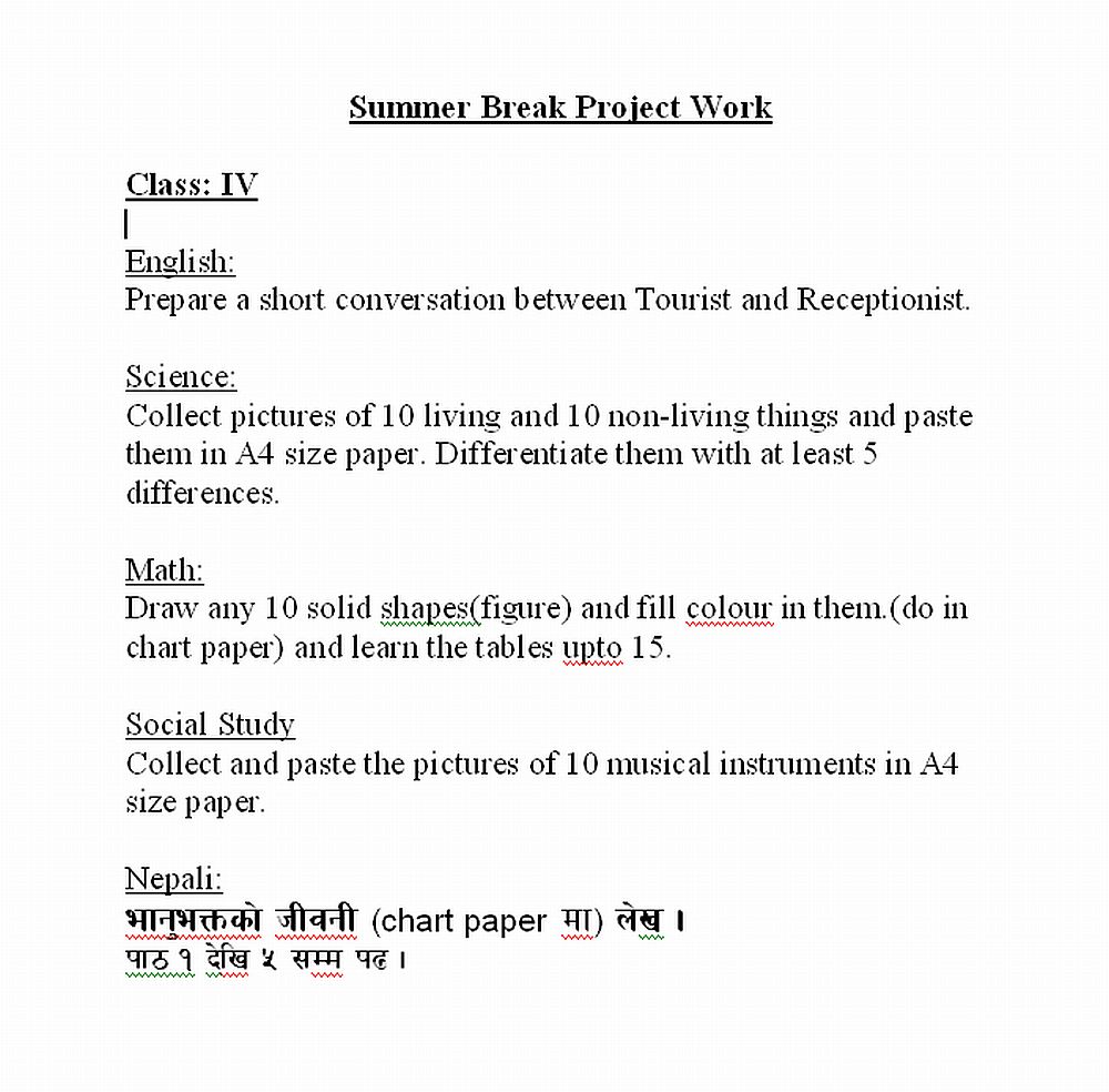 Suryodaya Jyoti Secondary School: Summer Break Homework for IV