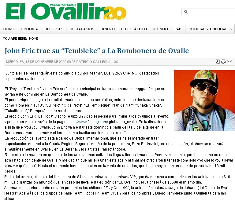 JOHN ERIC LA ROCA EN CHILE DEL 12 AL 22 DE NOVIEMBRE