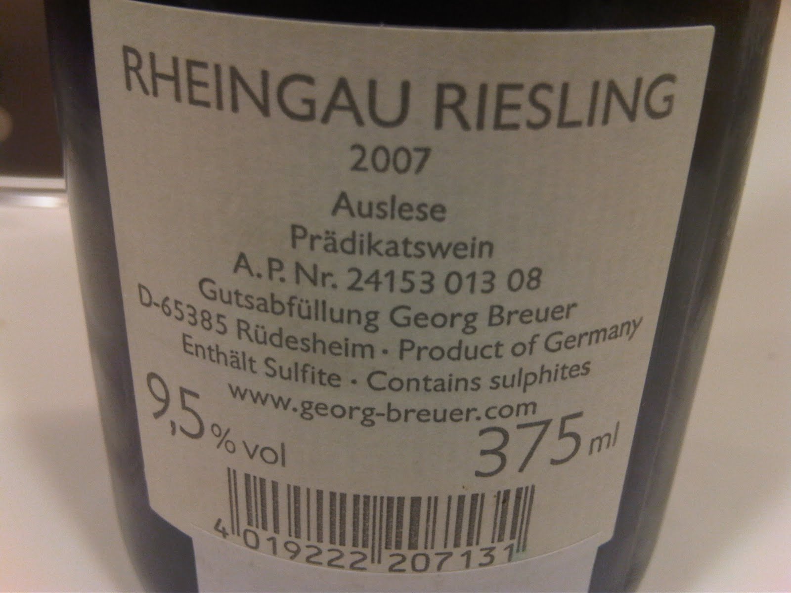 Georg breuer rheingau riesling auslese prädikatswein 2007.