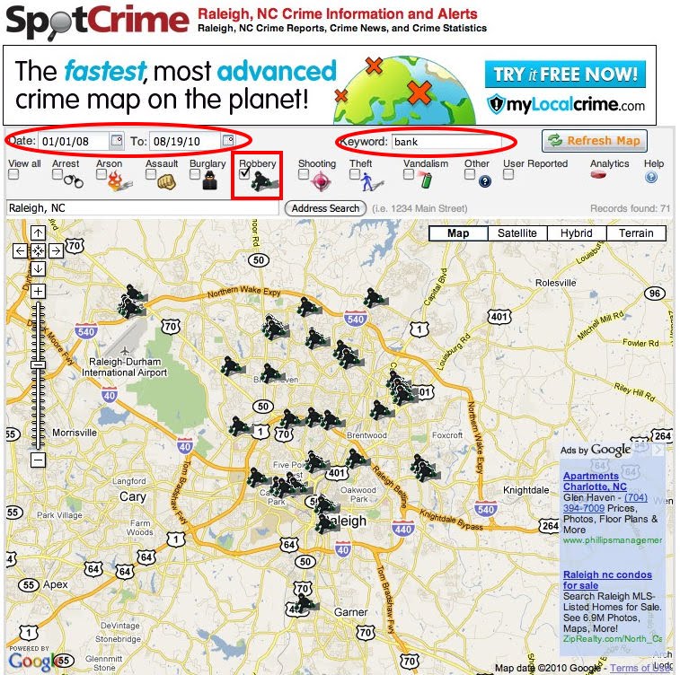SpotCrime - The Public's Crime Map: Bank Robbery Map