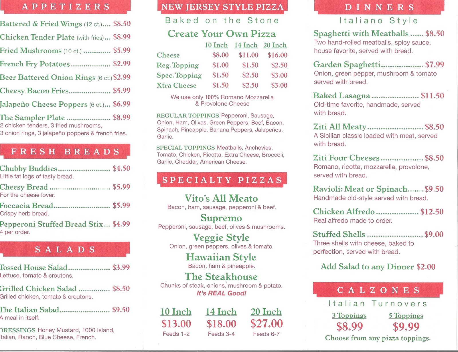 The Search for Louisville's BEST Calzone: Menu's