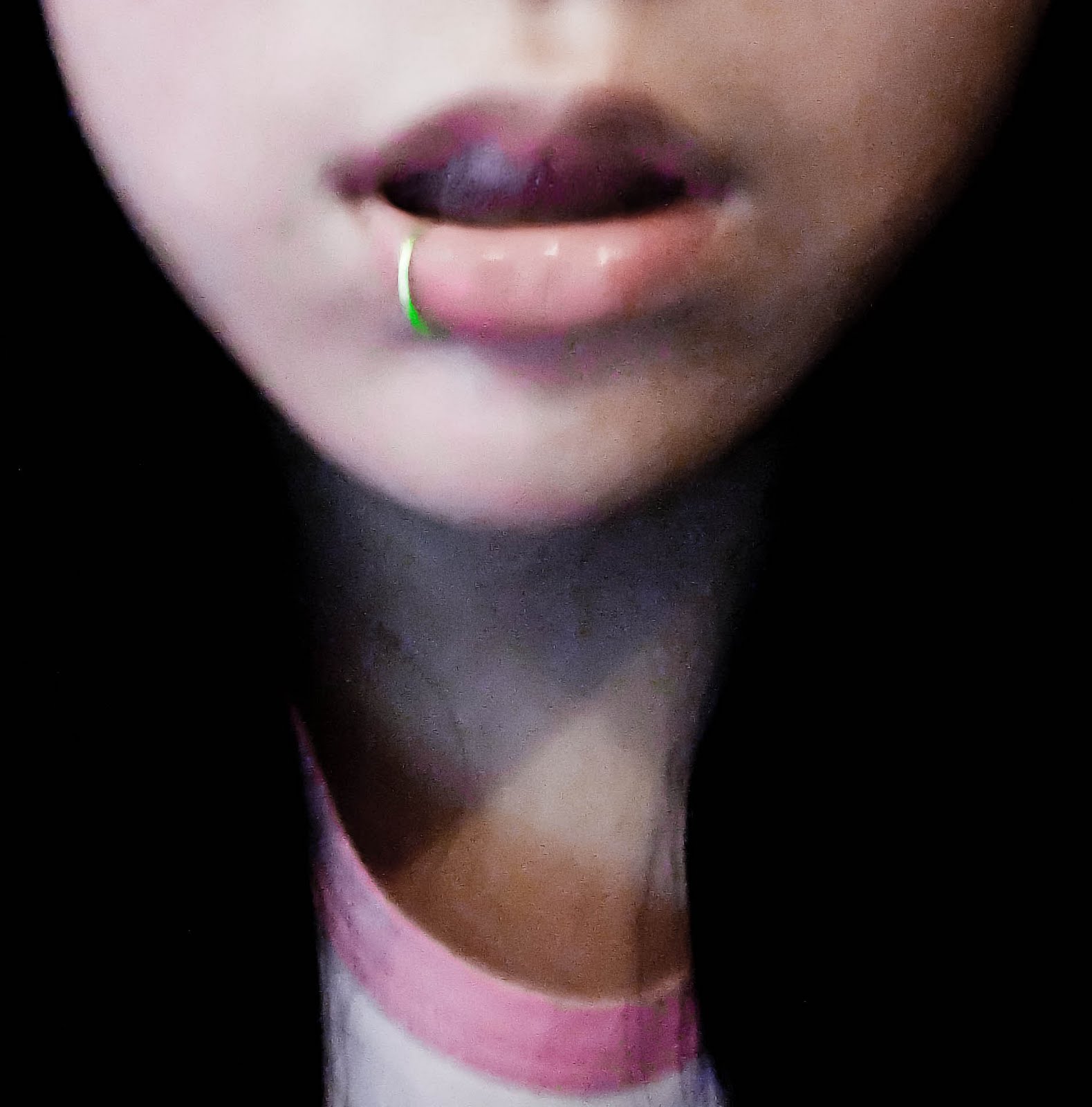Pink Stripes: Lip Piercing.