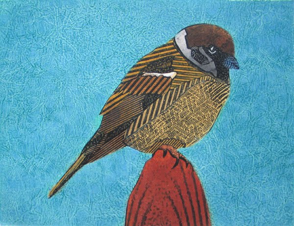 Bonnie Murray Prints: Tree Sparrow (Art, Printmaking, Collagraph of Bird)