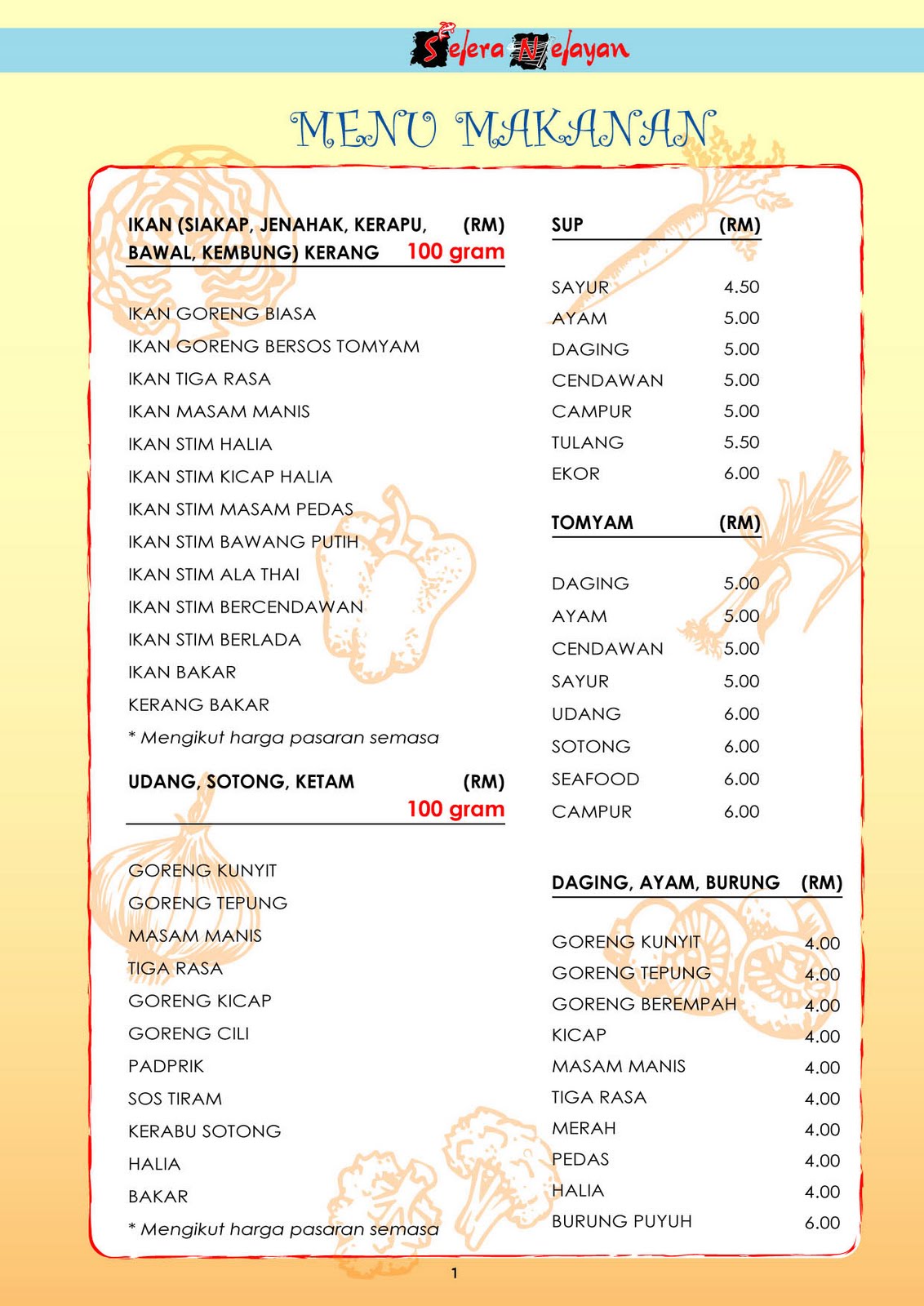 Restoran Selera Nelayan: MENU MAKANAN & MINUMAN