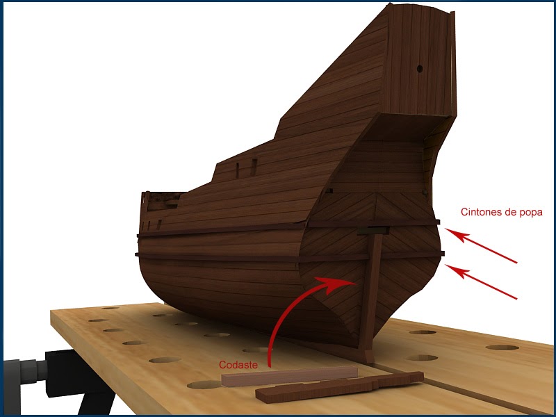 Tutorial maqueta galeón español: Colocación del codaste y cintón de popa