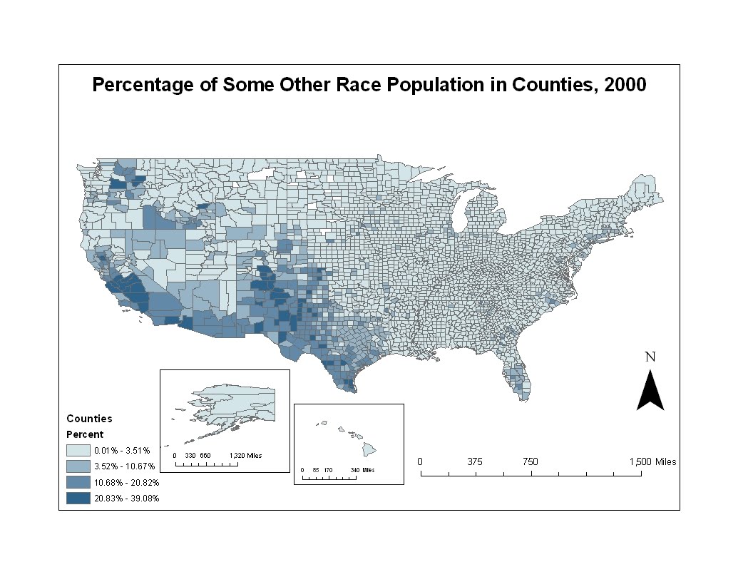 B. Law Geog 7: Percentage of Some Other Race Population in Counties, 2000