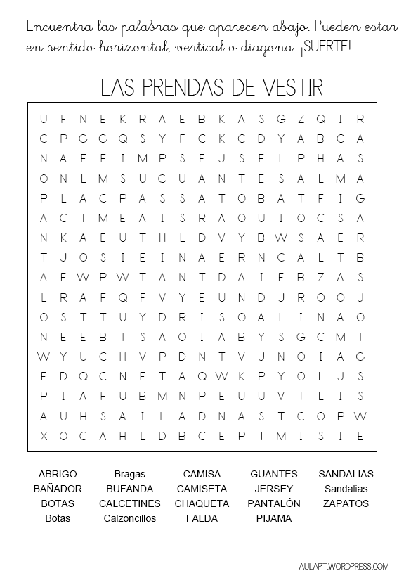 Sopa de letras de prendas de vestir en inglés - Imagui