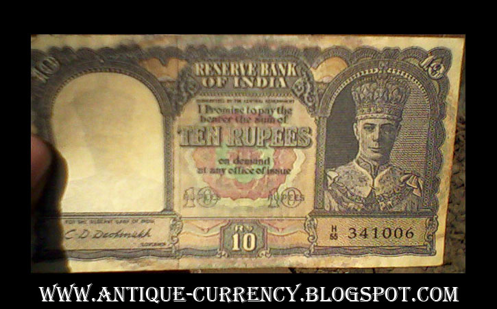 Antique Currency: 10 RUPEES RBI 6th King George 3 Peacock Note with C.D ...