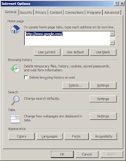 screenshot central: Internet Explorer 8 Options screenshot