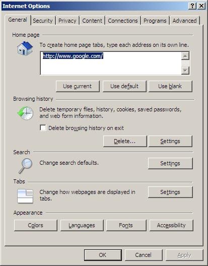 screenshot central: Internet Explorer 8 Options screenshot