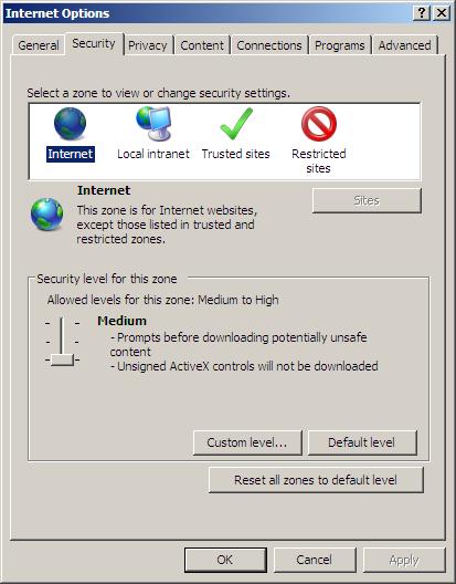 screenshot central: Internet Explorer 8 Options screenshot