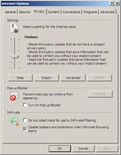 screenshot central: Internet Explorer 8 Options screenshot
