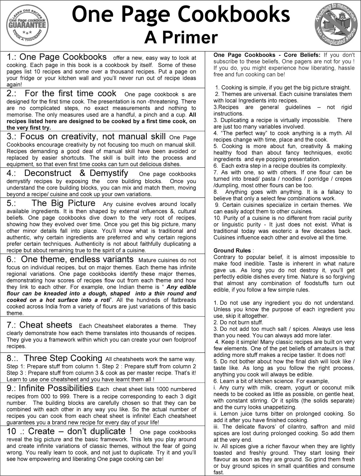 One Page Cookbooks: One page cookbooks - Core beliefs